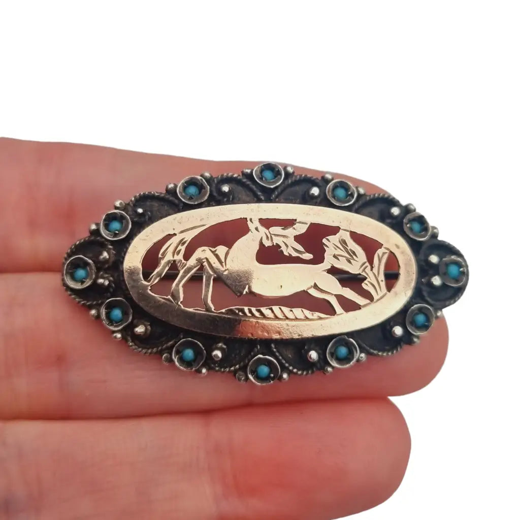Vintage deer brooch in openwork 925 silver and oval frame with ...